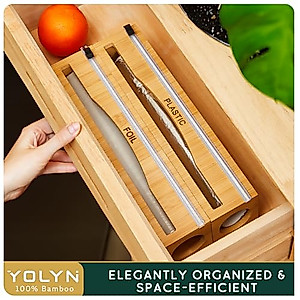 YOLYN Bamboo Kitchen Drawer Organizer Box - Baggie, Foil, Plastic & Wrap Food Storage with Dispensers & Cutters for Gallon, Quart, Sandwich & Snack Bags - 6 Pices set