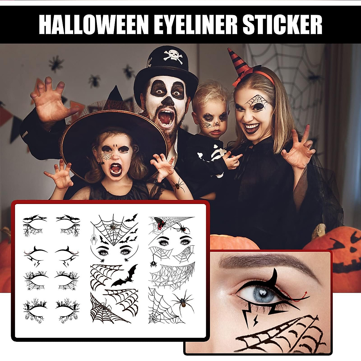 4 Pairs of Halloween Eye Shadow Temporary Tattoo Stickers Eyeliner Decals with 2 Sheets Spider Web Skull Bat Temporary Tattoo Stickers Face eye Makeup Stickers for Women Girls Halloween Masquerade Party