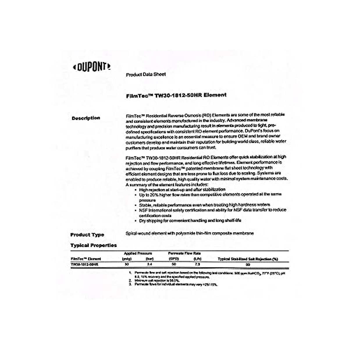 FilmTec, TW30-1812-50HR 50 gpd TFC High Rejection Membrane for Undersink Reverse Osmosis (RO) System (Replaces Model TW30-1812-50)