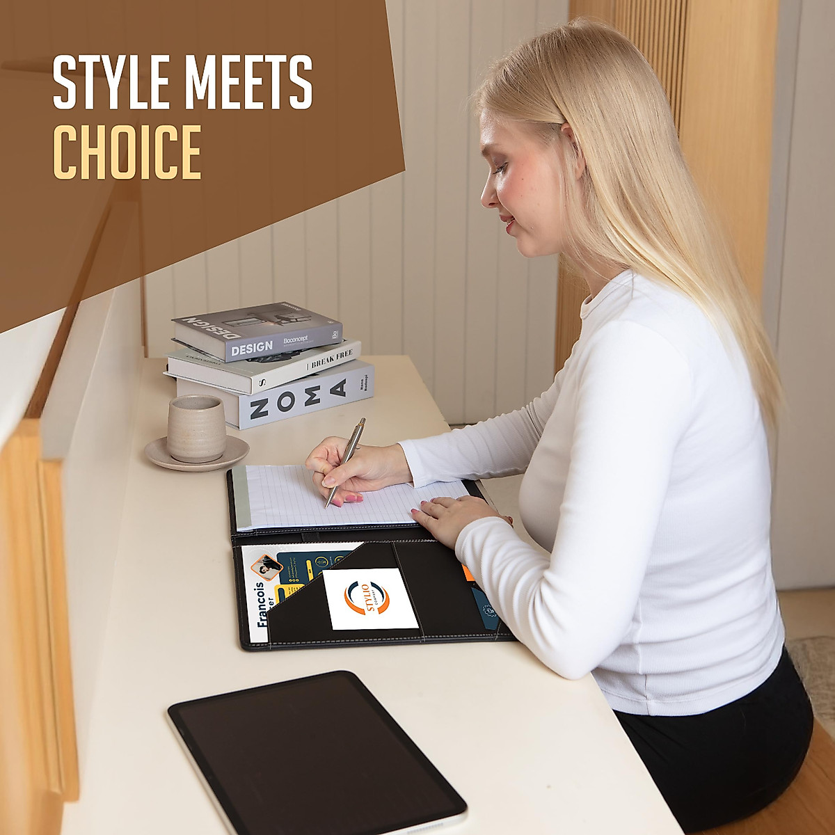 STYLIO Padfolio Portfolio Folder Binder – Interview Resume Legal Document Organizer & Business Card Holder – w/ Letter-Sized Writing Pad - Handsome Piano Noir Faux Leather Matte Finish & Accent Stitch