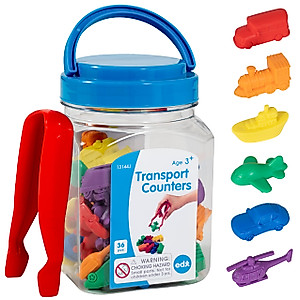 edxeducation Transport Counters - Mini Jar - Set of 36 - Learn Counting, Colors, Sorting and Sequencing - Hands-on Math Manipulative for Kids