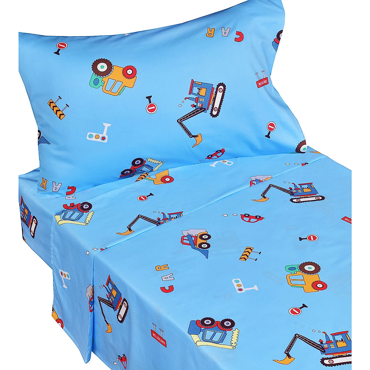 J-pinno Cars Vehicles Digger 100% Cotton 3 Pieces Cartoon Toddler Sheet Set for Kids Boys, Flat Sheet Fitted Sheet and Pillowcase, Cozy Breathable Unisex Nursery Crib Bedding Set (Blue Excavator)