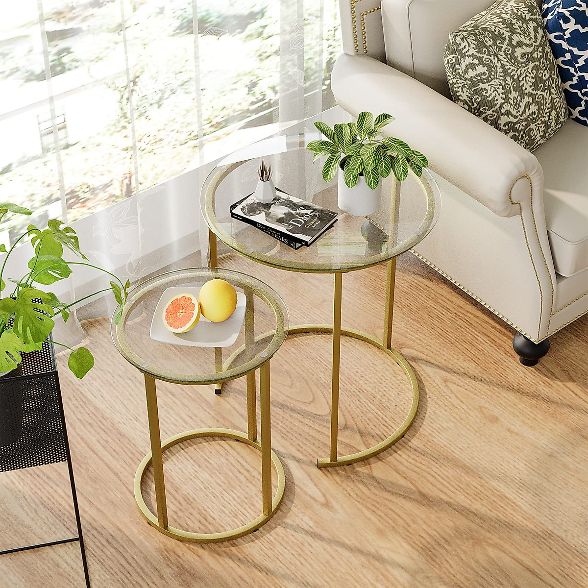 Azheruol Nesting Coffee Table Set of 2,Modern Gold Tempered Glass Side Table, Metal Frame Round End Table.Small Glass Tea Table for Living Room,Bedroom Studio Apartment Essentials，23.2in