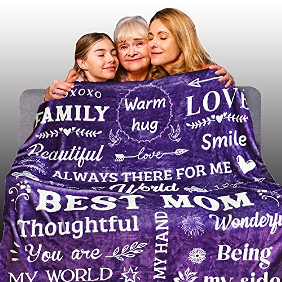 Gift Throw Blanket for Mom in English with Thankful, Thoughtful and Respectful Words, Queen Size 80"*60" Purple (English)