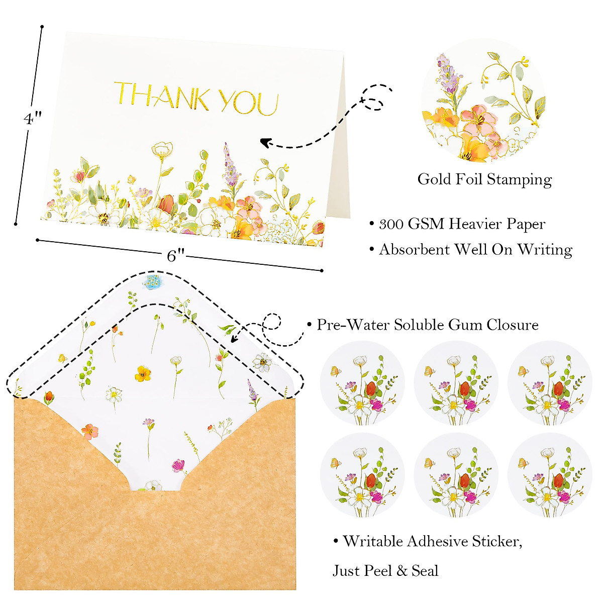 Crisky Gold Foil Wildflower Thank Cards with Envelopes 50 Pack bulk 4x6 Inch Kraft envelopes Flower Greeting Cards with Envelopes For Baby Shower, Wedding, Bridal Shower, Graduation