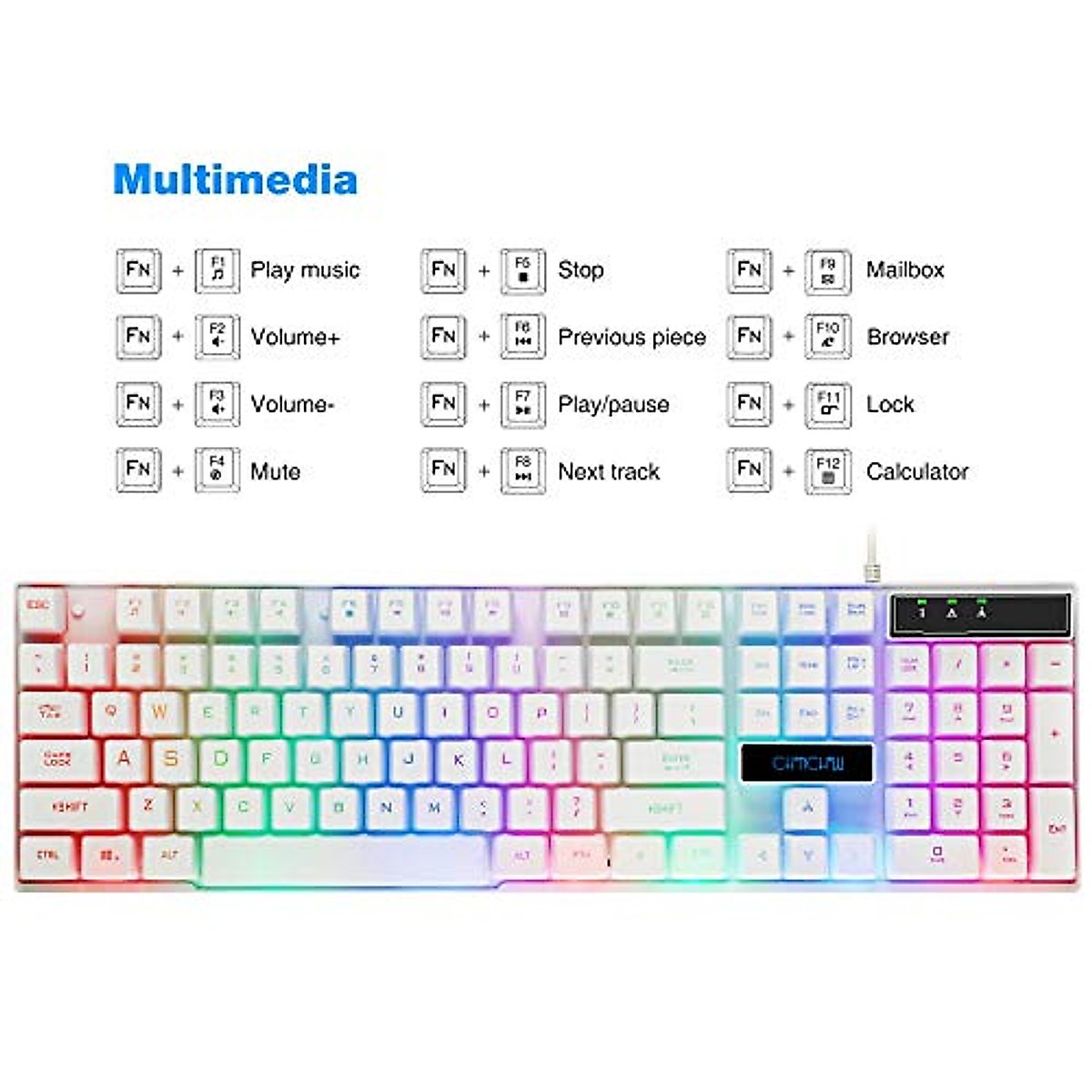 LED Backlit Wired Keyboard and Mouse Gaming Combo Mechanical Feeling Rainbow Backlight Emitting Character 3200DPI Adjustable USB Mice Compatible with PC Raspberry Pi iMac TDW910(White)