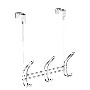 iDesign Classico Metal Over the Door Organizer, 3-Hook Rack for Coats, Hats, Robes, Towels, Jackets, Purses, Bedroom, Closet, and Bathroom, 5" x 8.2" x 12.5", Chrome