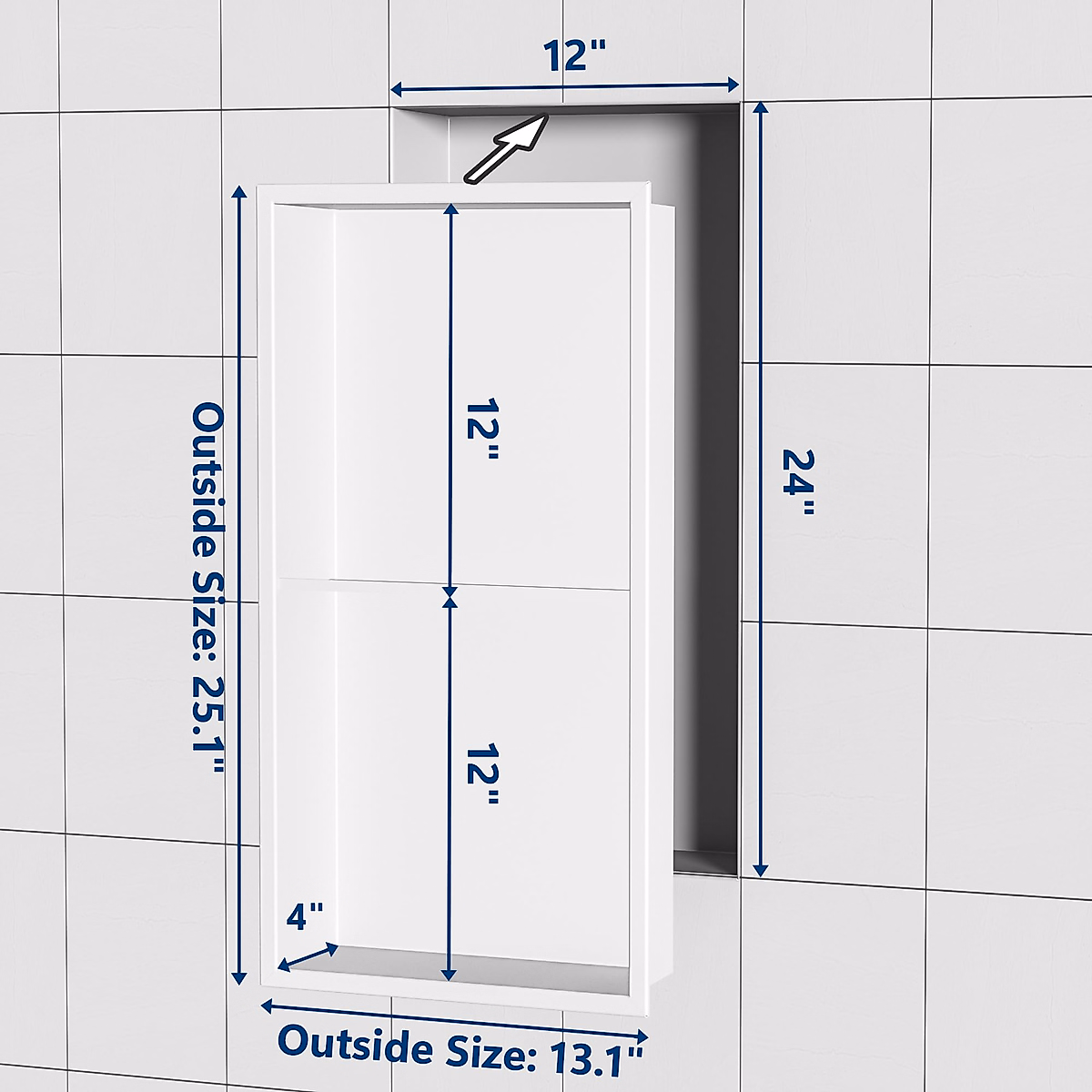 Qeke Stainless Steel Shower Niche 24" X 12", No Tile Needed Wall Niche Double Shelves, Recessed Niche Shower for Bathroom Storage, Matte White