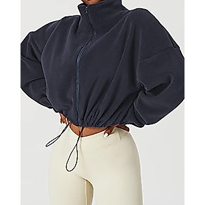 QINSEN Women's Full Zip Fleece Jacket Stand Collar Winter Warm Cropped Outwear Baggy Sherpa Short Coat Navy L