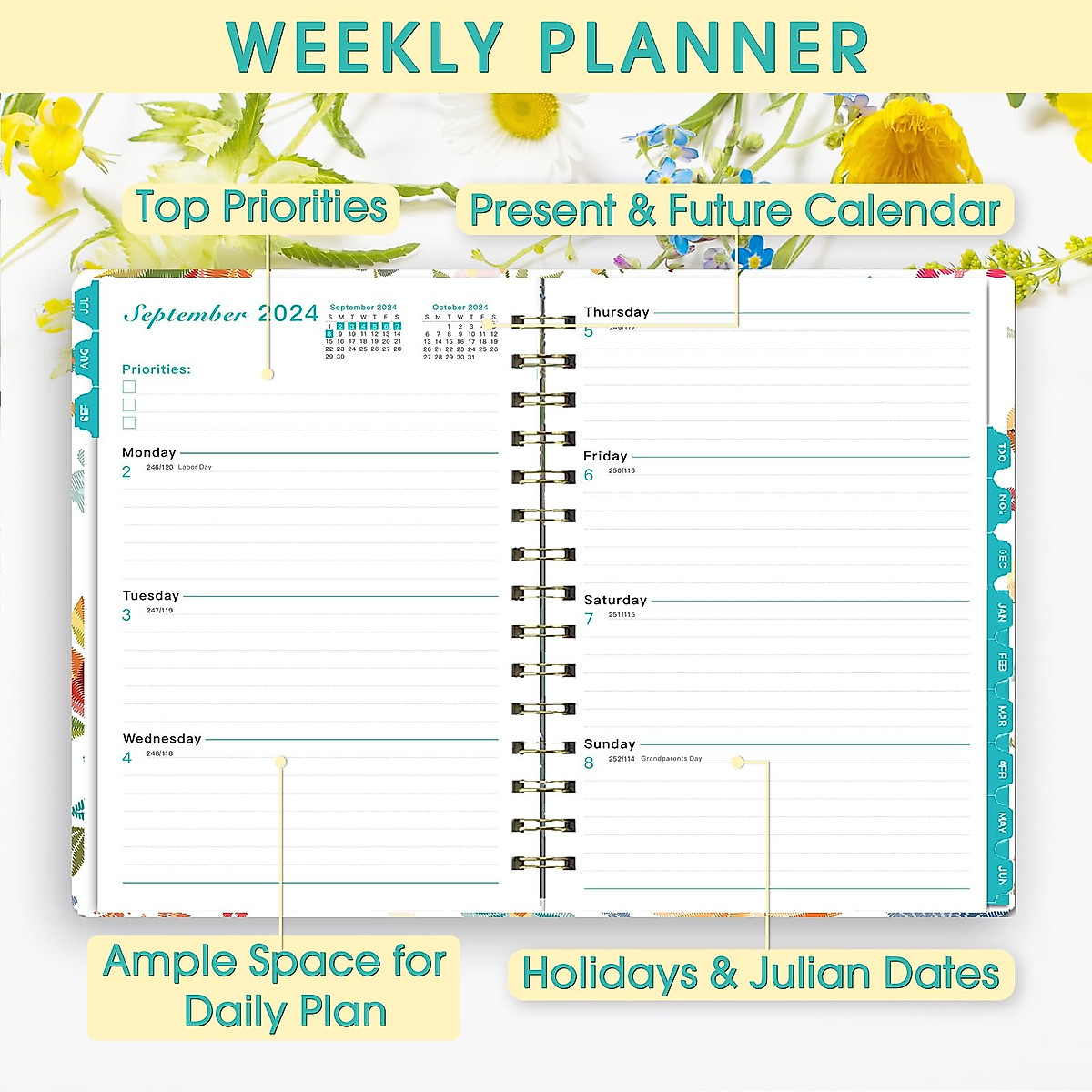 Ymumuda 2024-2025 Planner, 12-Month Daily Weekly Monthly Planner from JUL.2024 to JUN.2025, 8.4" X 6", Spiral Planner Notebook with Stickers, Elastic Closure, Inner Pocket, Colorful Embroidery