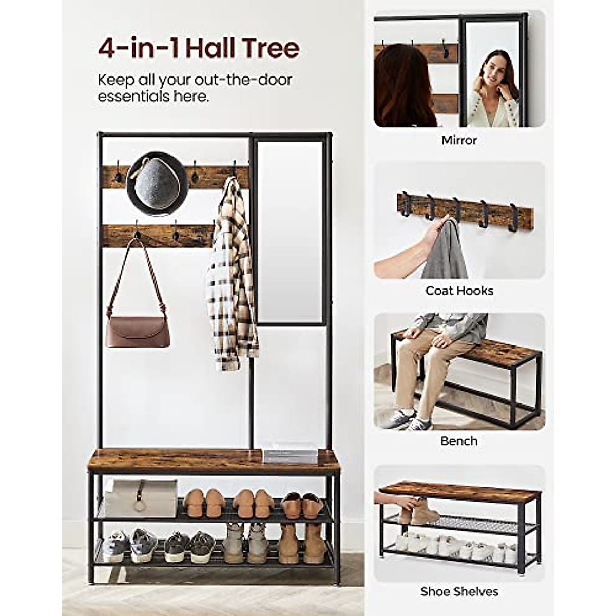 VASAGLE Coat Rack Shoe Bench with Mirror, Hall Tree with Bench and Shoe Storage Shelves, 15 x 38.6 x 70.9 in, Bedroom Living Room, Industrial Style, Rustic Brown and Black UHSR415B01