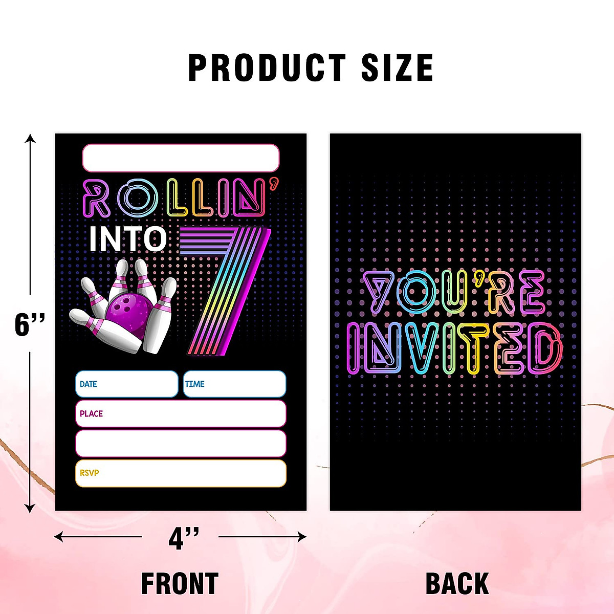 WUINCK 7th Birthday Party Invitations Cards, Roller Bowling Birthday Party Invitations for Kids, Boys and Girls, Neon Bowling Birthday Party Celebration Supplies, 20 Invitation with Envelopes - 0063