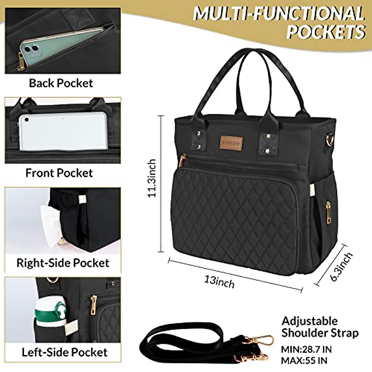 EASYA Large Women Lunch Bags for Work Insulated/Insulated Adult Lunch Box for Women/Durable Nylon Thermal Lunch Bag for Women/Leakproof Cooler Lunch Tote Bag with Storage Pocket (Black)