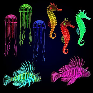 8 Pieces Luminous Aquarium Decorations Fake Fish Glowing Jellyfish Artificial Jellyfish Aquarium Fluorescent Lionfish Seahorse Aquarium Decoration Silicone Aquarium Decoration (Dreamy Color)