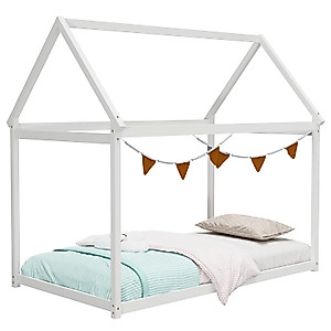 Giantex Twin House Bed, Wood Montessori Bed Frame with House Roof Canopy, Low Floor Bed with Sturdy Wood Slat Support, No Box Spring Needed, Twin Playhouse Bed for Kids Teens Boys Girls (White)