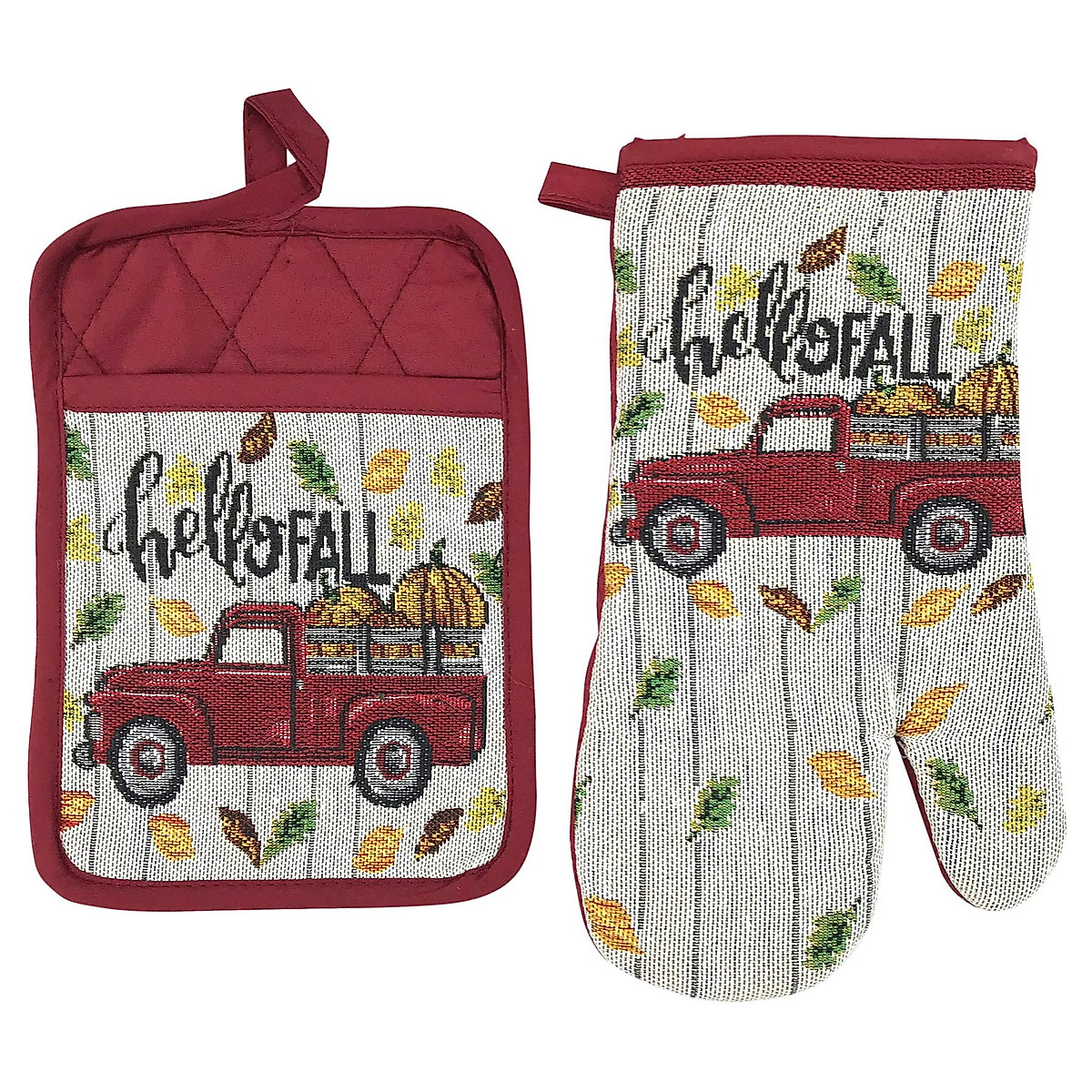 Serafina Home Hello Fall Farm Truck Kitchen Towels and Pot Holder Set: Autumn Harvest Pumpkins and Colorful Leaves, Pot Holder Oven Mitt has Embellished Jacquard Weave
