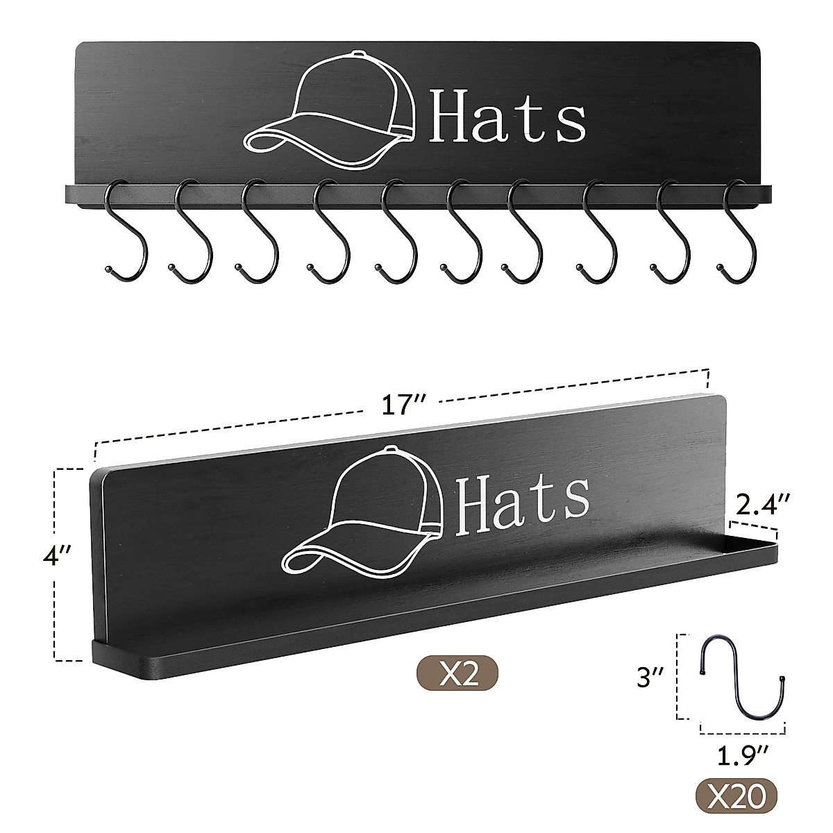 FANGSUN Hat Rack for Wall, Wooden Baseball Cap Organizer with 20 Hooks, Metal Rustic Hat Pattern Display Rack, Ball Cap Hanger Wall Mounted Hat Storage Holder for Closet Bedroom Entry, Set of 2, Black