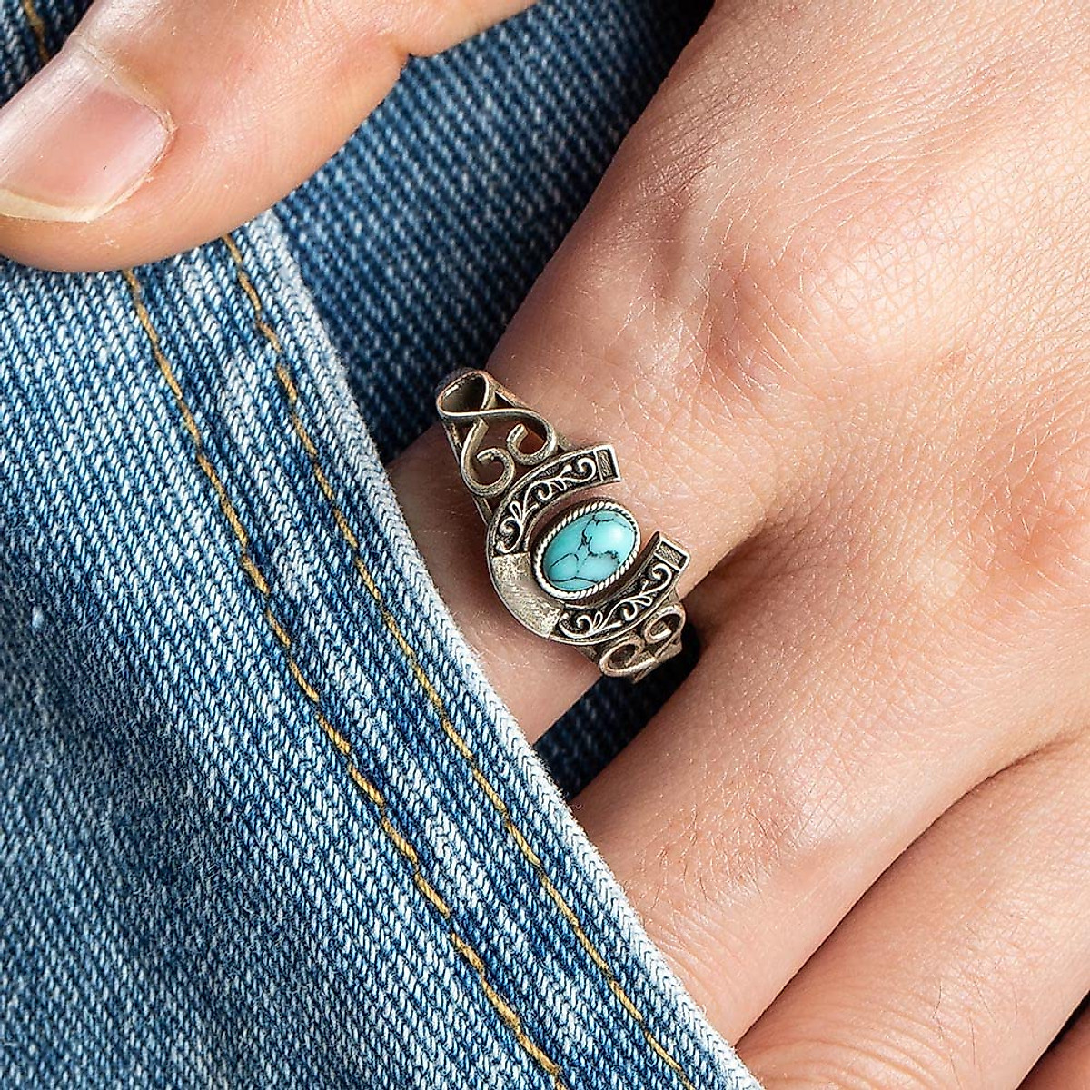 AILIN Custom Luck Horseshoe Turquoise Ring 925 Sterling Silver/Brass Personalized Engraved Vintage Bohemia Rings Lucky Birthday Jewelry Mother Gifts For Women Daughter