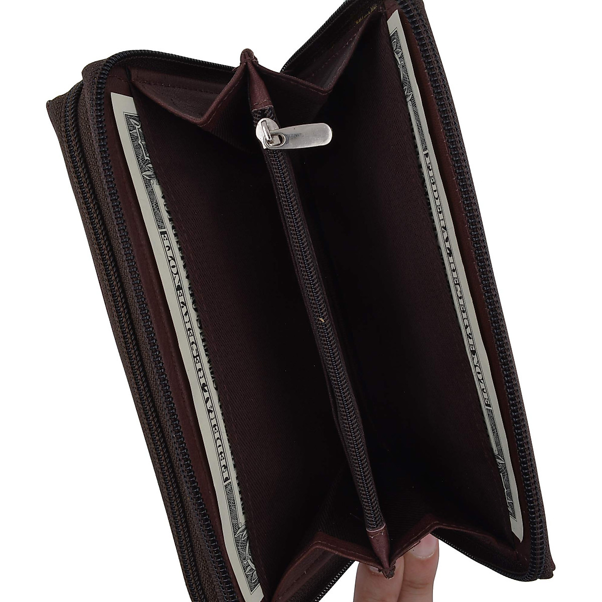 Swiss Marshall Womens Wallet Genuine Leather Double Zip Around Phone Clutch Large Travel Purse Ladies Wallet (Brown)