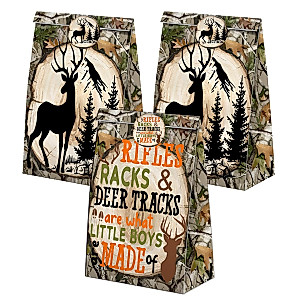 XGELUL Deer Hunting Party Favors Candy Bags with Stickers - Camo Goodie Gift Treat Bags - Deer Hunting Themed Birthday Party Supplies