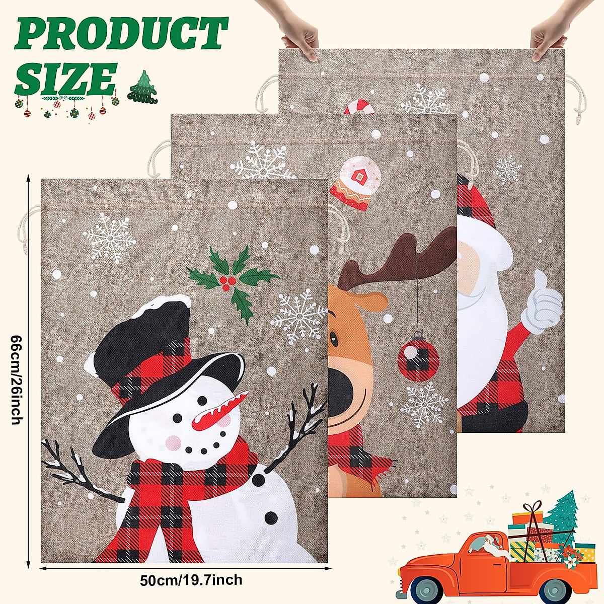 Paterr 3 Pack Christmas Burlap Gift Bags with Drawstring 26 x 20 Inch Large Christmas Gift Bags Snowman Reindeer Santa Claus Sack Holiday Bags for Candy Treat Goodie Wrapping Xmas Party Supplies