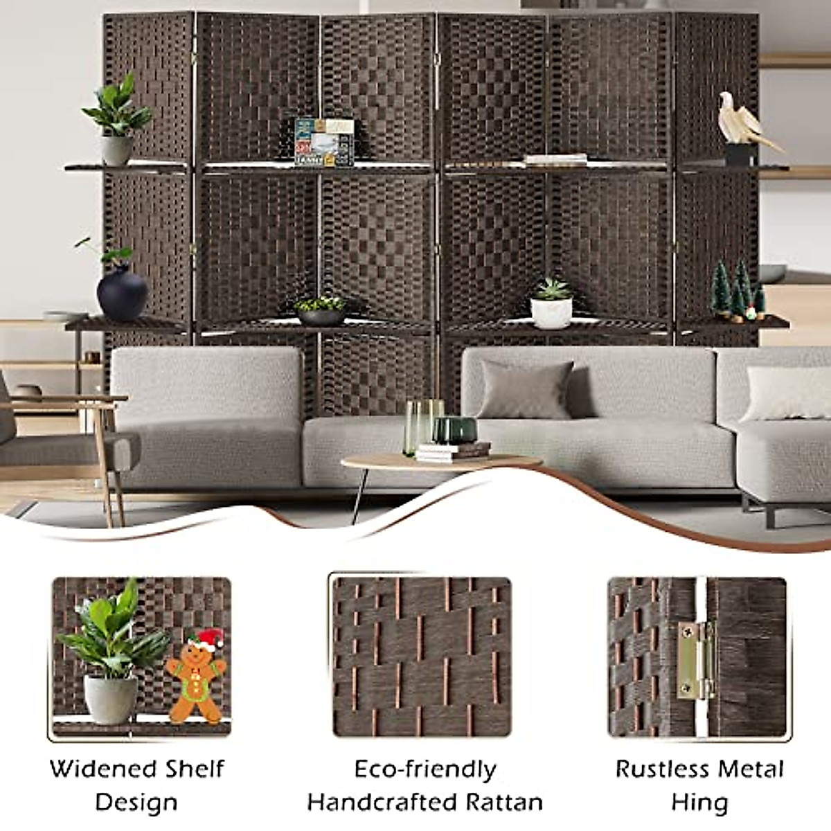 Esright 6 Panel Room Divider, 6 FT Tall&Extra Wide Weave Fiber Room Divider with Shelves, Folding Wall Dividers with Double Hinged for Room,Freestanding Room Separator, Coffee