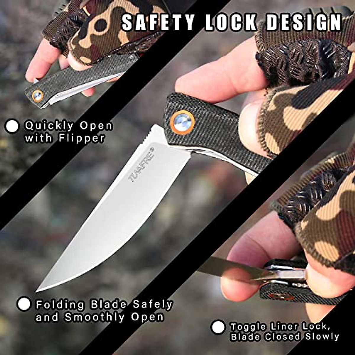 Tunafire Folding Pocket Knife for Men,Utility Knife with 3 inch D2 Steel Blade Micarta Handle,EDC Tactical Knife with Clip for Outdoor Hunting Survival Camping (Black)