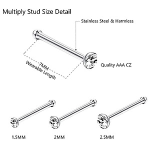OMAIGAR Nose Rings Studs, Straight Shaped Surgical Stainless Steel Nose Studs White Diamond Rhinestone Crystal, Hypoallergenic Nose Piercing Jewelry for Women Men and Ideal Gift