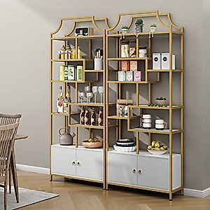 Loomie 8-Open Shelf Bookshelf with Cabinet, 76.77" H Lux Etagere Bookcase, Tall Storage Display Modern Open Book Shelf, Metal Geometric Book Case for Bedroom, Home Office & Living Room, Gold & White