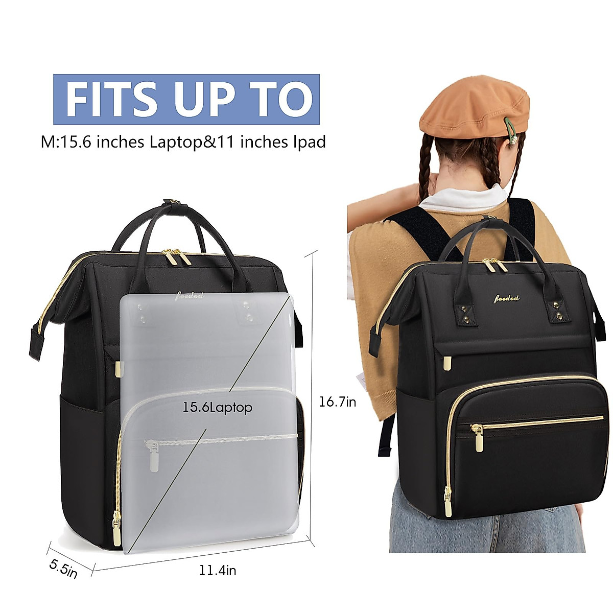 FOCDOD Laptop Backpack Travel Work Bag - 15.6 inch with Laptop Compartment Waterproof Professional Women Backpack Purse with USB Charger for College Teacher Nurse Business Women