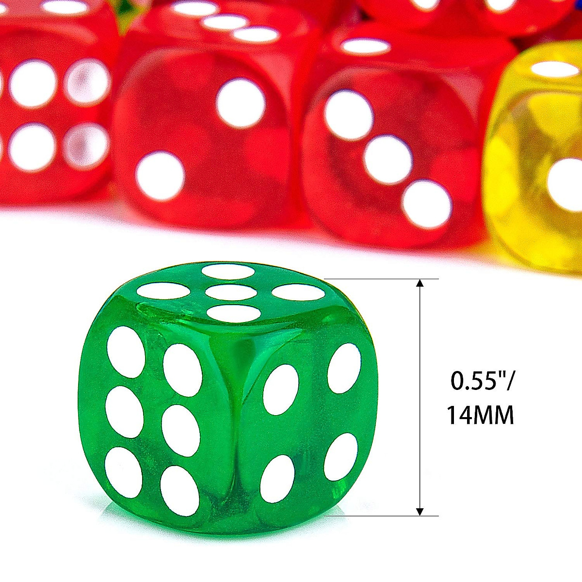 150 Pieces 6-Sided Games Dice Set 5 Translucent Colors 14mm Dice for Board Games, Activity, Casino Theme, Teaching Math Games, Party Favors and More