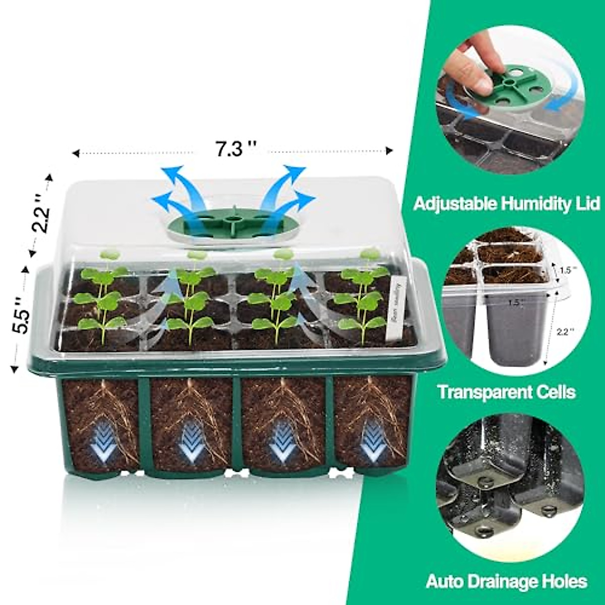 Suntee 12 Packs Seed Starter Tray, Seed Starter Kit with Humidity Dome and 144 Cells, Seedling Starting Trays Plant Starter Kit Reusable Mini Greenhouse Germination Kit for Seeds Growing (Green)