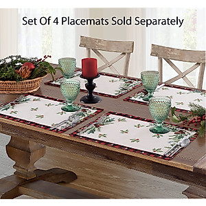 Lintex Aspen Red Black Plaid and Garland Bordered Christmas Tablecloth, Cottage Check Bordered Xmas and Holiday Print Easy Care Fabric Tablecloth, 70 Inch Round