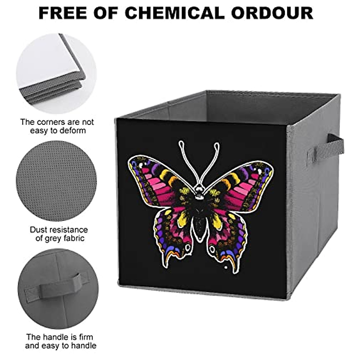 Colorful Machaon Butterfly Foldable Storage Bins Printd Fabric Cube Baskets Boxes with Handles for Clothes Toys, 11x11x11