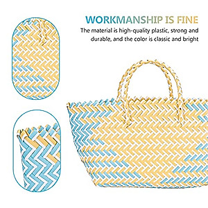Yardwe Hand- Woven Straw Handbag Bag Wicker Handbag Basket Purse Retro Women Straw Tote Blue+ Yello