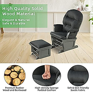 Costzon Glider and Ottoman Set, Wood Glider Rocker for Nursery, Cleanable Upholstered Comfort Nursing Rocking Chair with Padded Armrests, Detachable Cushion & Cover, Easy to Assemble (Dark Gray)