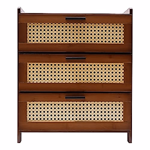 XUANIIIL Nightstand Set of 2 with 3 Drawer, Mid-Century Modern End Table, Practical Vintage Bamboo Accent Wood Sofa Bed Side Table with Storage for Small Spaces, Bedroom, Living Room (Wood, 1 Pack)