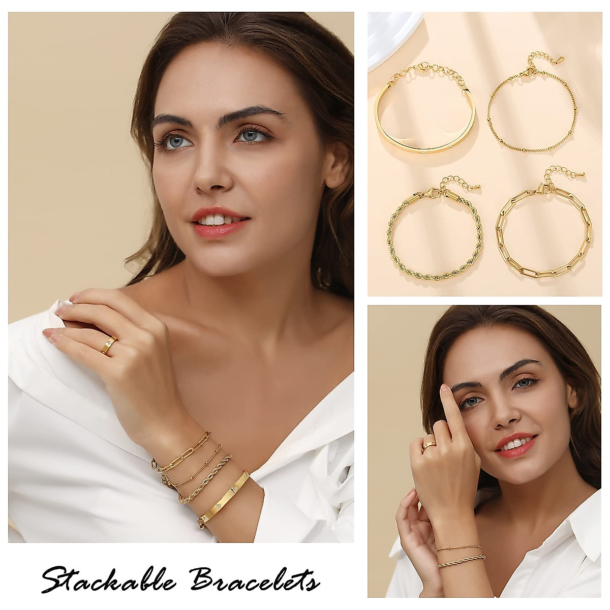 Chrishine Life Gold Bracelets for Women Stackable Bangle Bracelet Set Dainty Trendy Non Tarnish Layered Link Chain Summer Bracelet Jewelry Birthday Christmas Gifts for Women Her Love