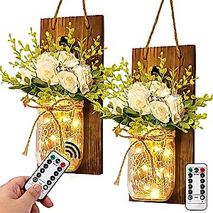 AerWo 2Pcs Mason Jar Sconces Wall Decor, Handmade Rustic Wall Sconces with LED Fairy Lights and Flowers, Hanging Mason Jar for Farmhouse Kitchen Decorations Wall Decor Living Room Lights