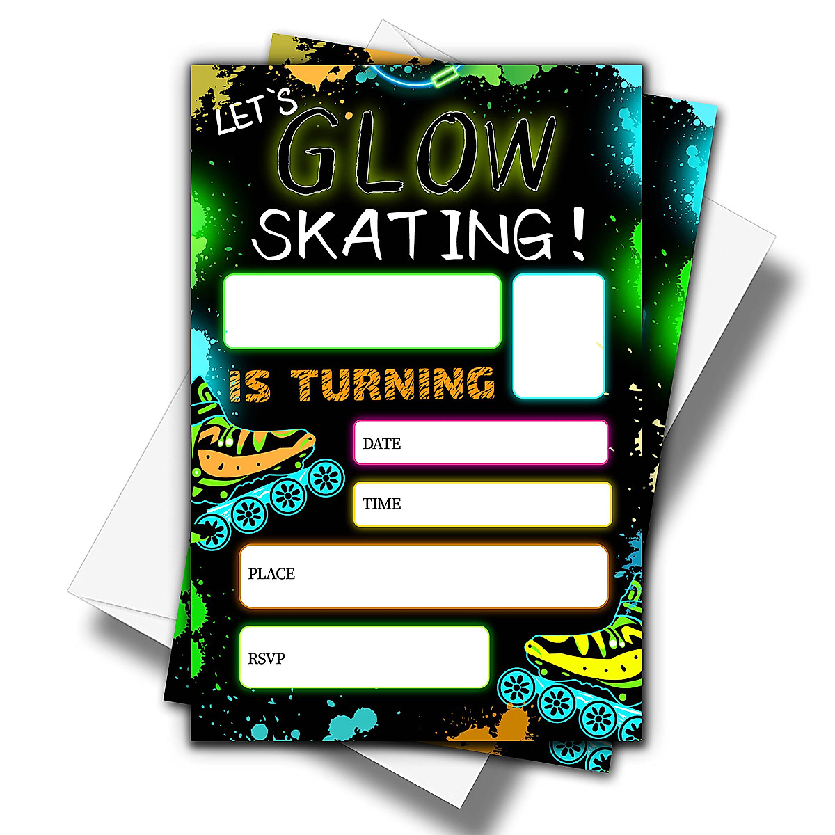 ONDTOM Glow Skating Birthday Party Invitations With Envelopes (4" x 6") - 20 Pack - Neon Glow Roller Skating Party Invites-c47