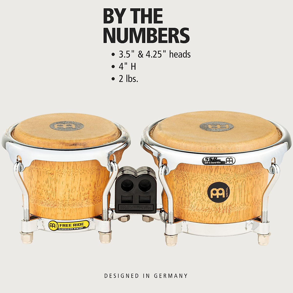Meinl Percussion Rubberwood Stave Shells, Miniature Size — NOT MADE in CHINA — Free Ride Suspension System and True Skin Buffalo Heads, TWO-YEAR WARRANTY, Mini Wood Bongos (FWB100SNT-M)