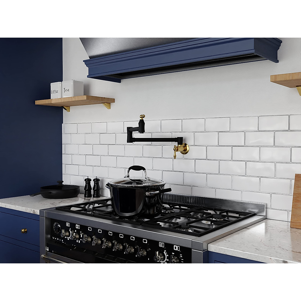 Anzzi Wall Mount Pot Filler Faucet, Double Joint Swing Arms, Single Hole, Solid Brass Interior, Stainless Steel Finish, Matte Black & Brushed Gold, 2 Handle (KF-AZ259MBBG)