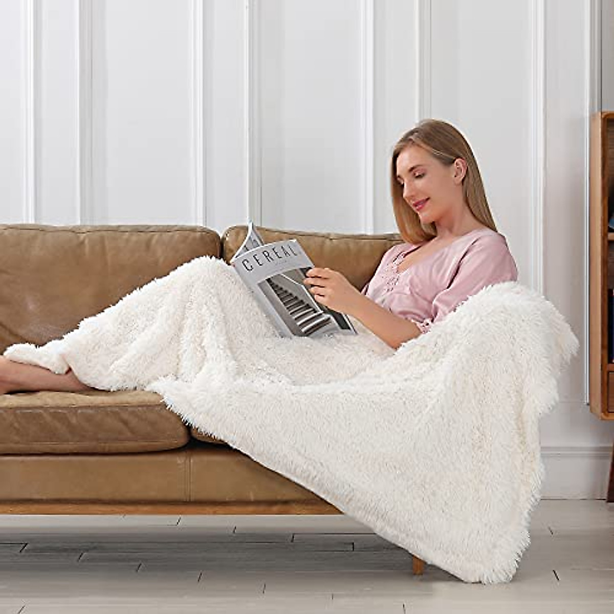 Decorative Extra Soft Faux Fur Blanket Twin Size 70" x 78",Solid Reversible Fuzzy Lightweight Long Hair Shaggy Blanket,Fluffy Cozy Plush Fleece Comfy Microfiber Blanket for Couch Sofa Bed,Cream White
