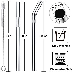 Vannise Jumbo Smoothie Straws Stainless Steel, Set of 7 Metal Milkshake Straws 0.4" Wide 10.5" Long Straws, Long Lasting & Food Grade, Metal Straws Reusable for Smoothie, Milkshake, Beverage