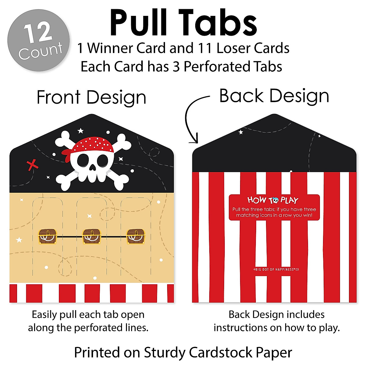 Big Dot of Happiness Pirate Ship Adventures - Skull Birthday Party Game Pickle Cards - Pull Tabs 3-in-a-Row - Set of 12