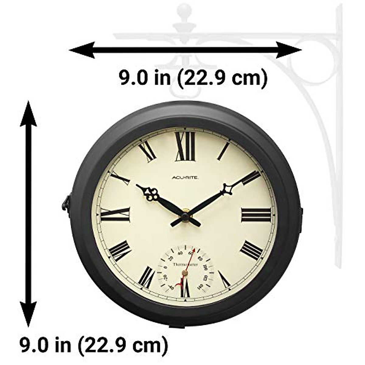 AcuRite 9-Inch Indoor/Outdoor Double-Sided Hanging Clock with 360-Degree Spin Functionality, Iron Metal Frame, Glass Lens, Quartz Crystal Movement, Weatherproof and Premium Thermometer (75140M),Black