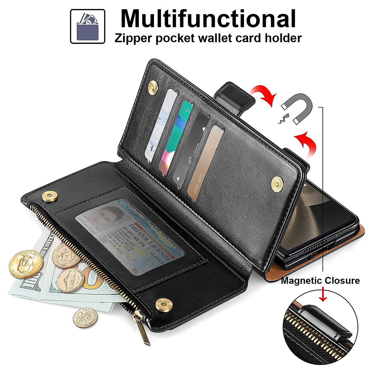 Antsturdy for Samsung Galaxy Z Fold 5 case Wallet Women with 【S Pen Holder】,Galaxy Z Fold 5 Phone case with Card Holder Strap PU Leather RFID Blocking Flip Folio Cover Credit Slots Men,Black