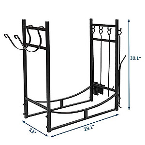 30 Inch All-In-One Heavy Duty Firewood Rack with Hooks & Fireplace Tools Set, Indoor/Outdoor Firewood Log Rack with Kindling Holder Shovel Poker Tongs Brush, Black