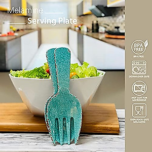UPware 2-Piece 10.75 Inch Melamine Salad Server Serving Utensil Set Includes Salad Spoon and Salad Fork (Crackle, Turquoise)