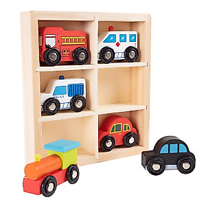 Hey! Play! Wooden Car PlaySet-6-Piece Mini Toy Vehicle Set with Cars, Police and Fire Trucks, Train-Pretend Play Fun for Preschool Boys and Girls